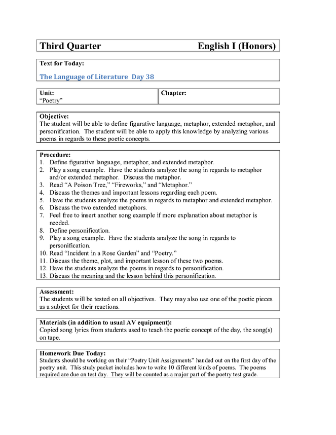 The Figurative Language Of Poetry Lesson Plan 9th Grade Day 38