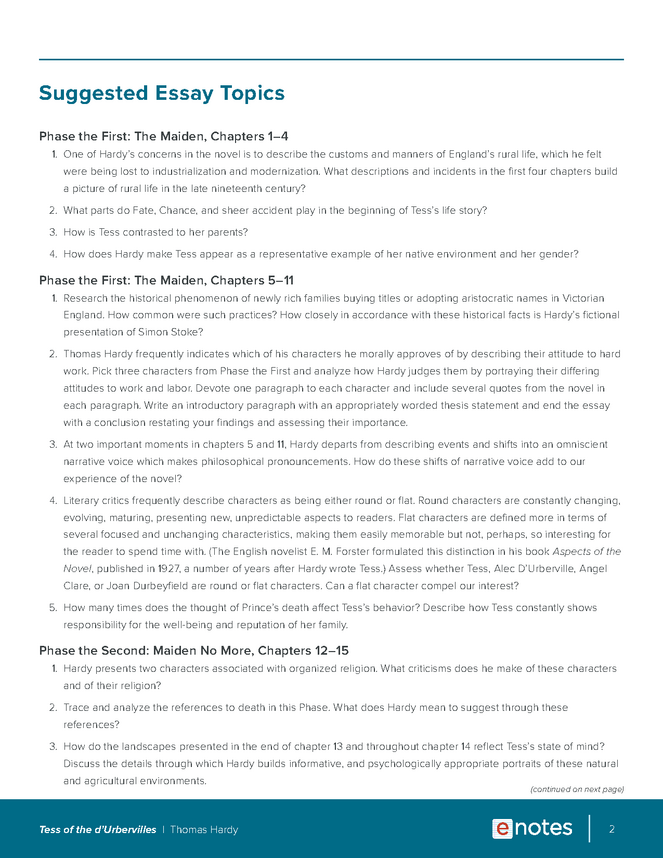 Tess of the d'Urbervilles Essay Topics and Outlines - eNotes.com