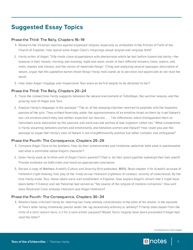 Tess of the d'Urbervilles Essay Topics and Outlines - eNotes.com