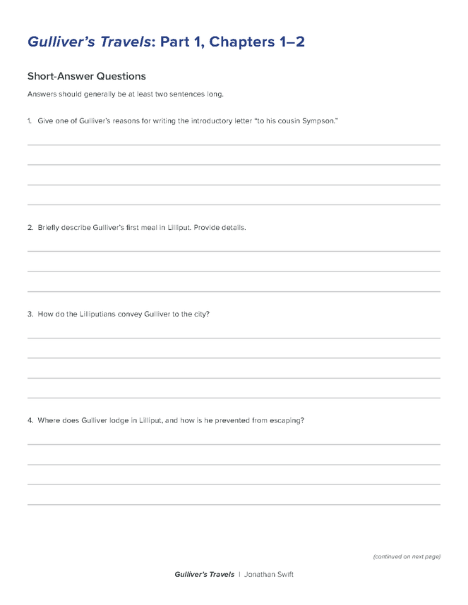 Gulliver's Travels Reading Comprehension Quiz - eNotes.com