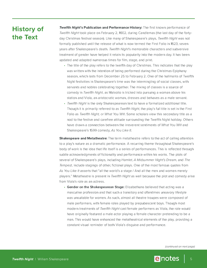 Twelfth Night eNotes Teaching Guide - eNotes.com