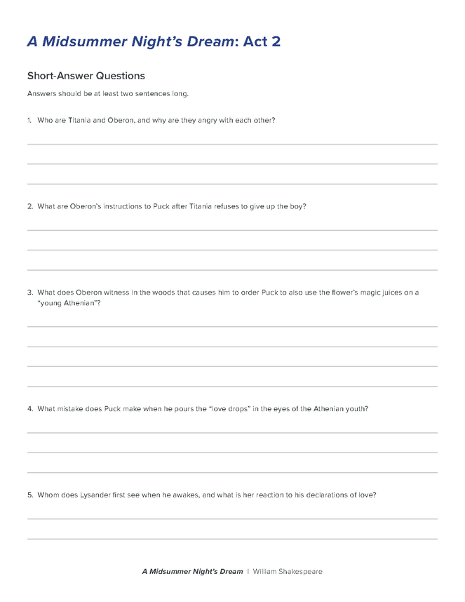 A Midsummer Night's Dream Reading Comprehension Quiz - eNotes.com