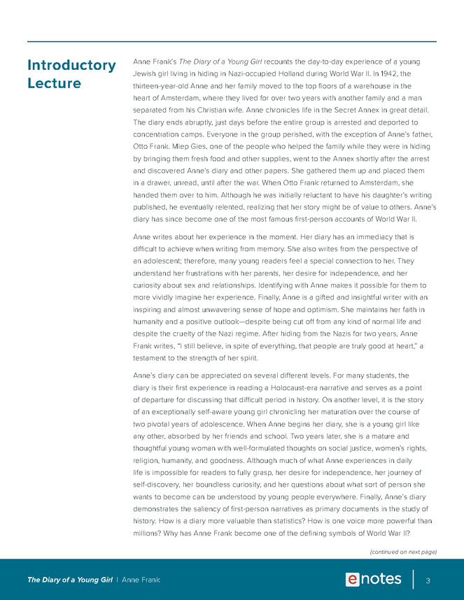 Anne Frank: The Diary of a Young Girl eNotes Lesson Plan - eNotes.com