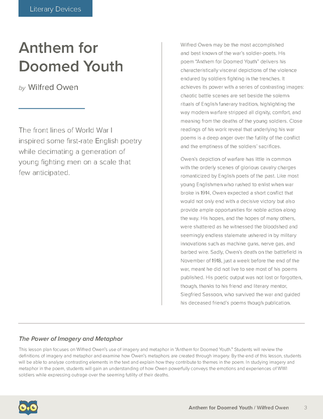 Anthem for Doomed Youth Literary Devices Lesson Plan -... - Language ...
