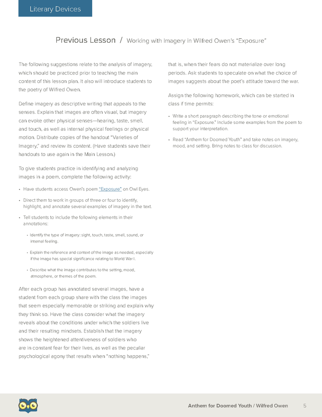 Anthem for Doomed Youth Literary Devices Lesson Plan -... - Language ...