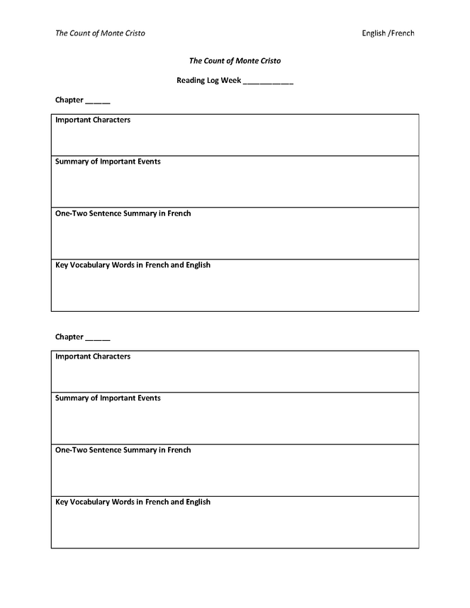 The Count of Monte Cristo Bilingual Reading Log (English and French ...