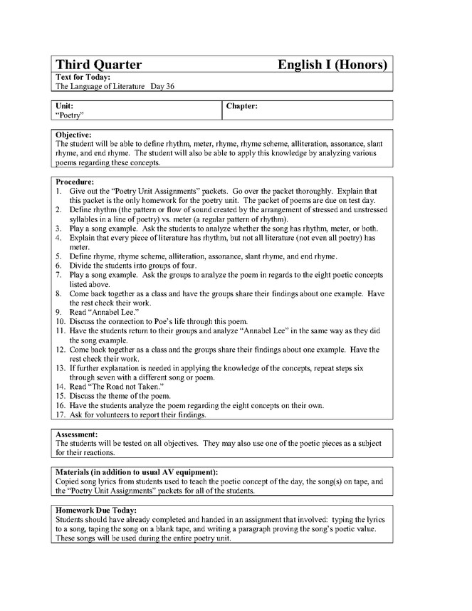 Poetry (Rhythm & Meter) Lesson Plan (9th Grade Day 36) - eNotes.com
