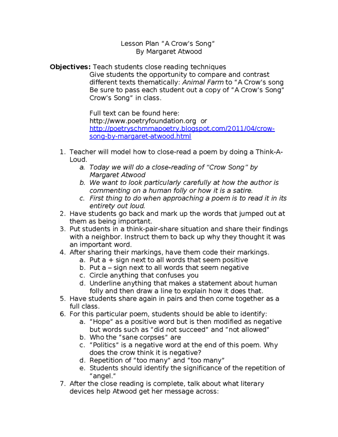 A Crow's Song by Margaret Atwood Lesson Plan - eNotes.com
