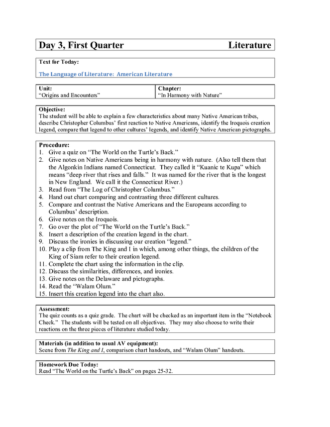 "The World on the Turtle's Back" & "The Walam Olum" Lesson Plan ...