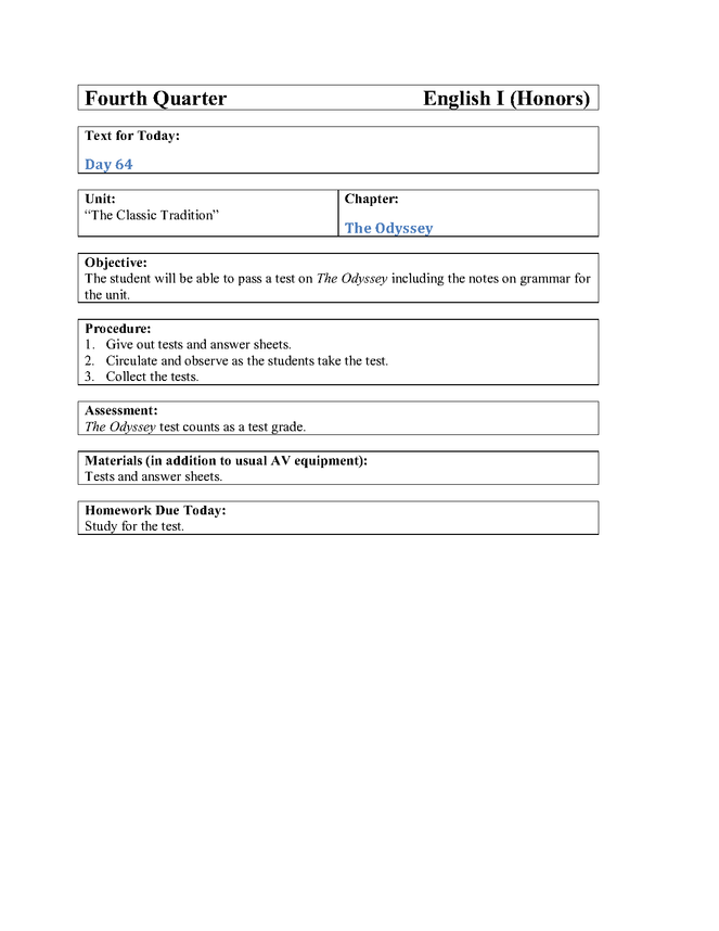 The Odyssey Lesson Plan 6 (9th Grade Day 64) - eNotes.com