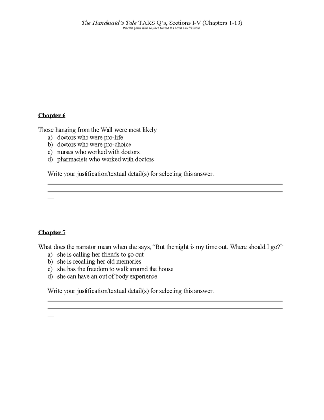 The Handmaid's Tale, Ch1-13 Test - eNotes.com