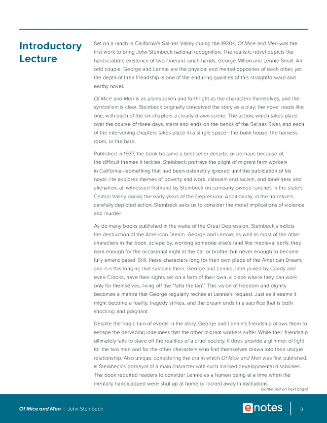Of Mice and Men eNotes Lesson Plan - Our eNotes... - Language Arts ...