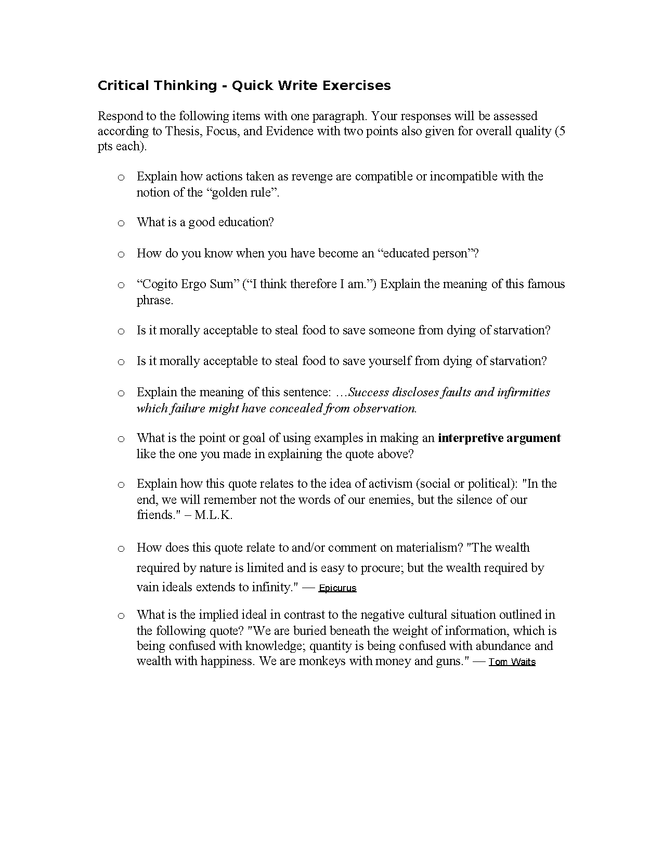 Critical Thinking - Quick Write Exercises - eNotes.com