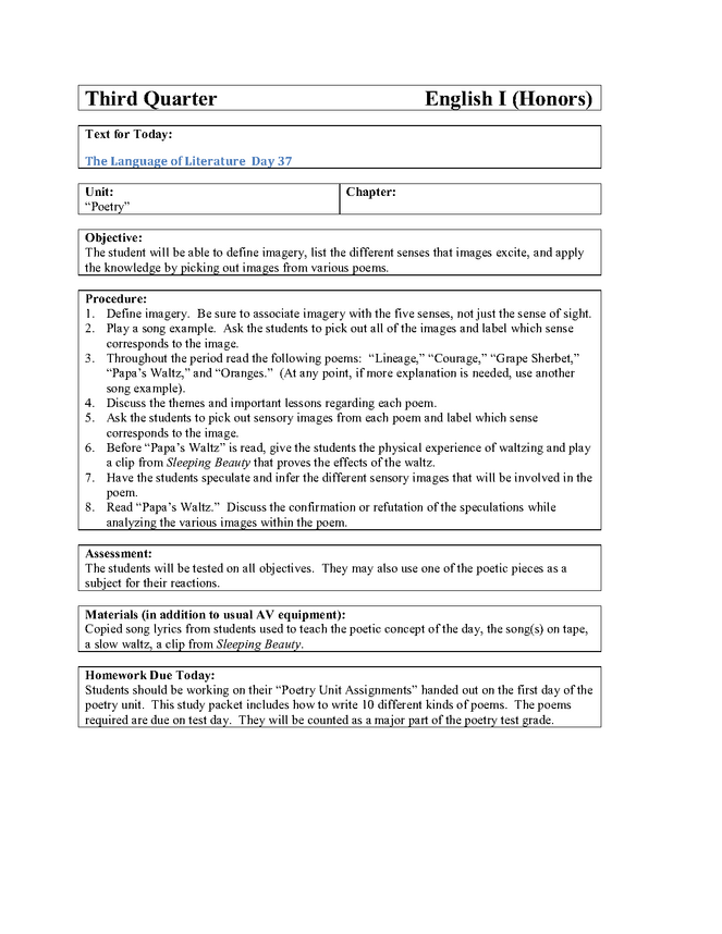 Imagery in Poetry Lesson Plan (9th Grade Day 37) - eNotes.com