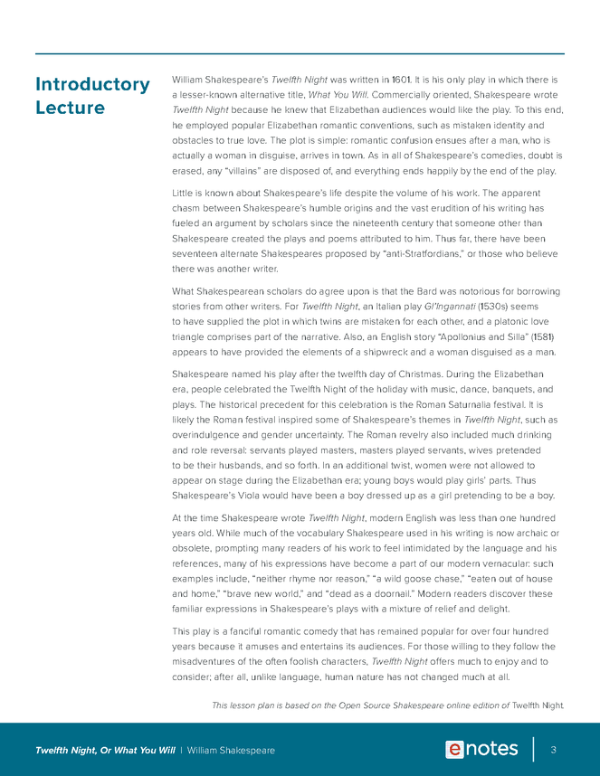 Twelfth Night eNotes Lesson Plan - eNotes.com