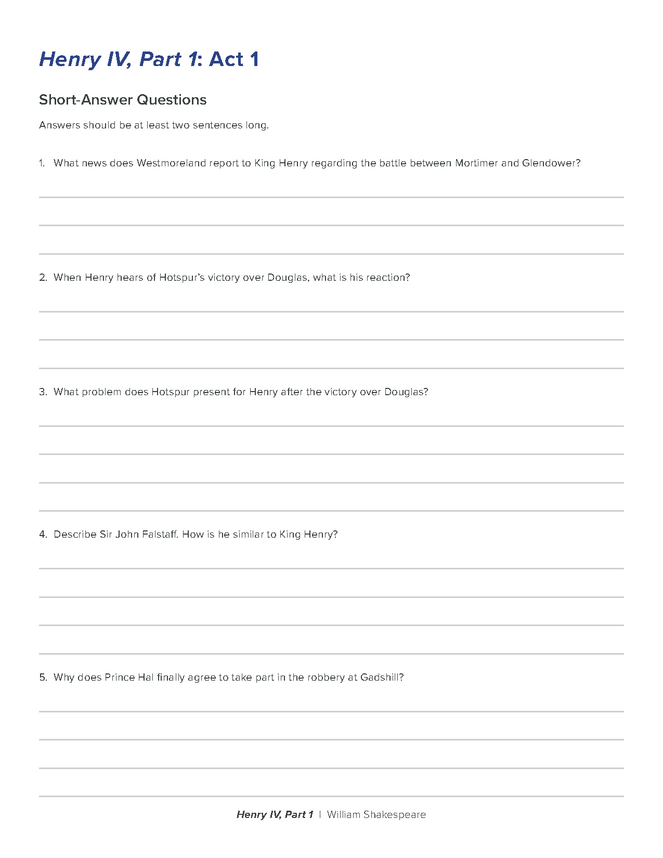 Henry IV, Part 1 Reading Comprehension Quiz - eNotes.com