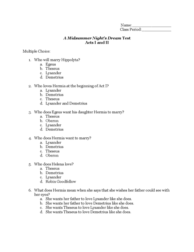 A Midsummer Night's Dream - Test 1-Act 1 - eNotes.com