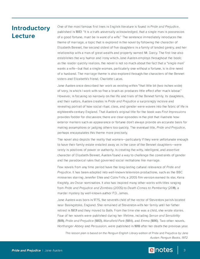 Pride and Prejudice eNotes Lesson Plan - eNotes.com