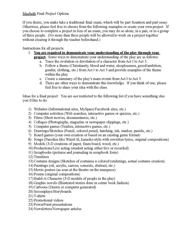 Levi's Art Project - Macbeth Final Project Options - eNotes.com
