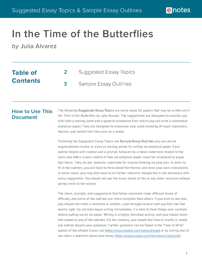 In the Time of the Butterflies Essay Topics and Outlines - eNotes.com