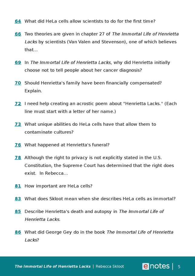 Popular Questions About The Immortal Life of Henrietta Lacks - eNotes.com