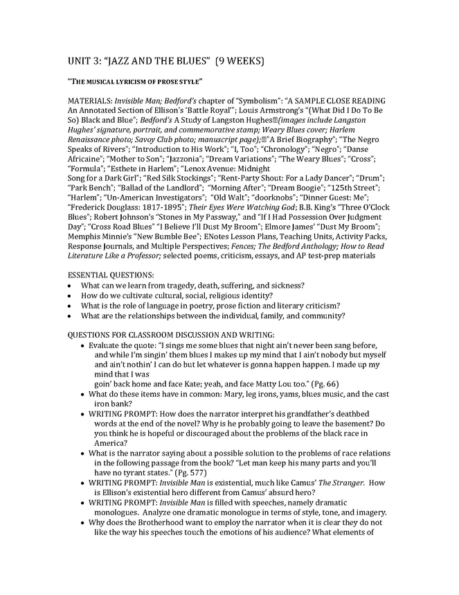 AP UNIT: “JAZZ AND THE BLUES” (9 WEEKS) “THE MUSICAL LYRICISM OF PROSE ...