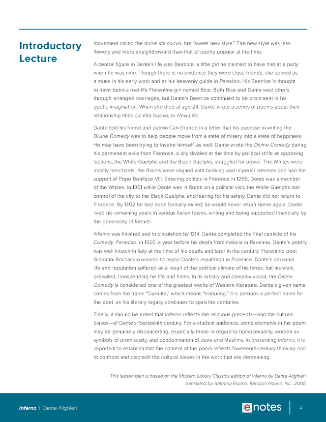 Dante's Inferno eNotes Lesson Plan - Our eNotes... - Language Arts ...